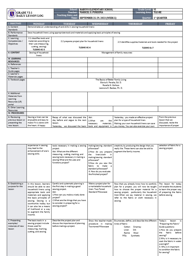 DLL - Tle-He 6 - Q1 - W5 | PDF | Textiles | Sewing