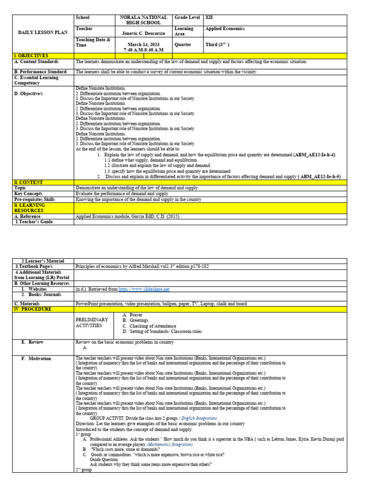 Law of Demand and Supply Lesson Plan | PDF | Supply And Demand | Demand