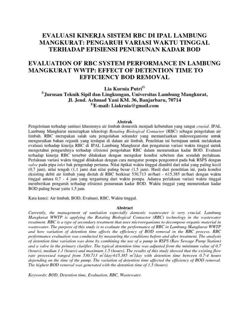 Evaluasi Kinerja RBC dan Waktu Tinggal BOD | PDF | Sains & Matematika