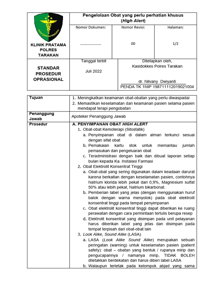 Sop Apotek High Alert | PDF