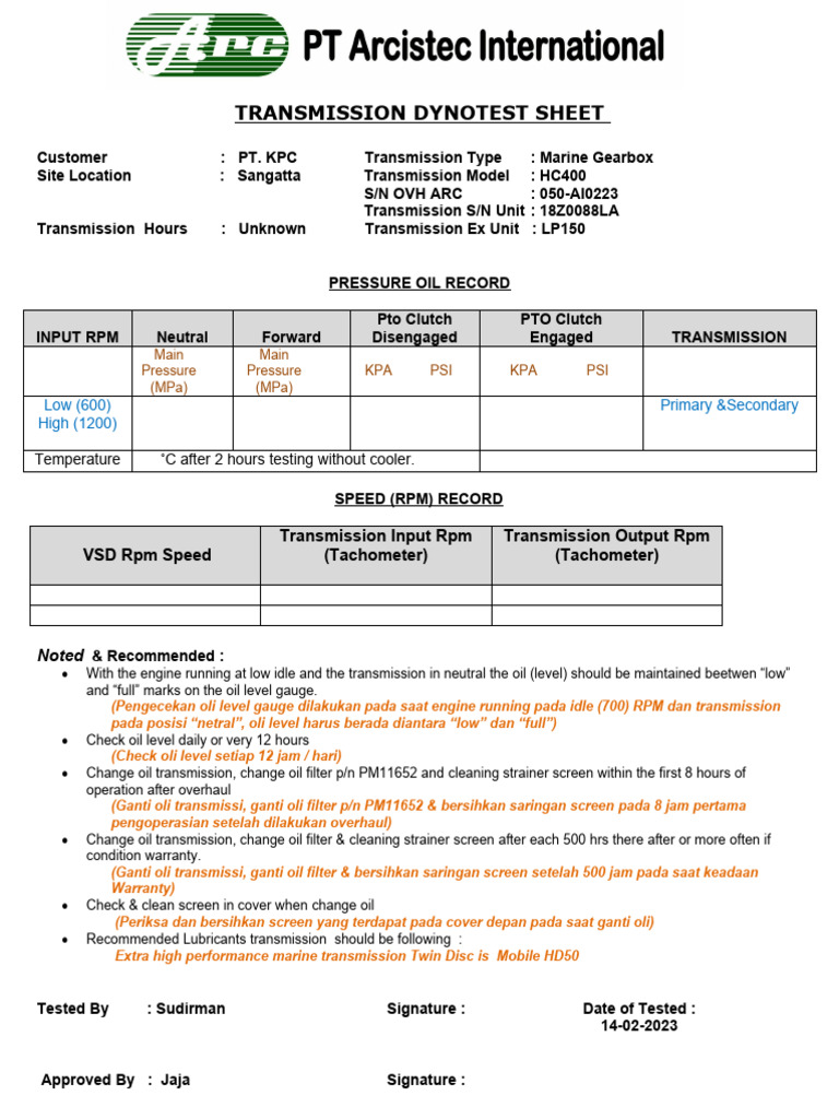 Marine Transmission HC400 LP150 Dynotest Sheet - PT. KPC | PDF