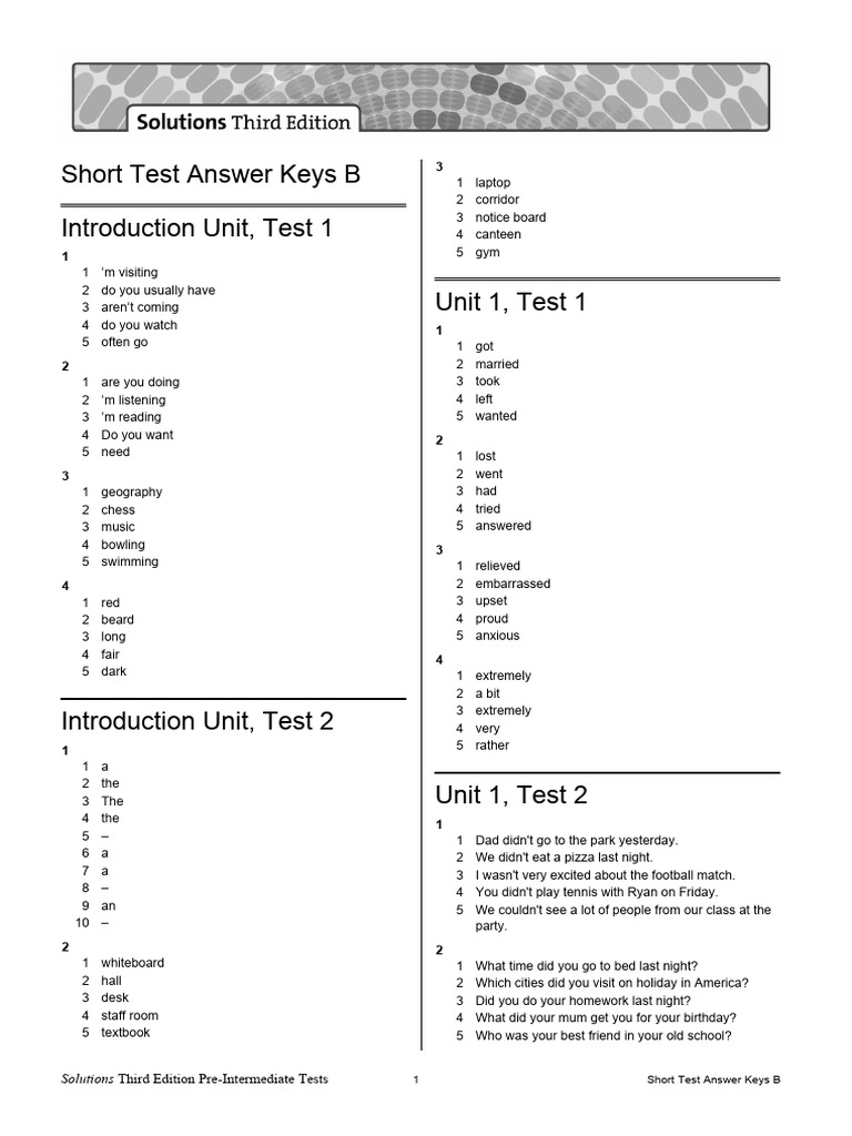 Sol3e Preint Short Test Answer Keys B | PDF