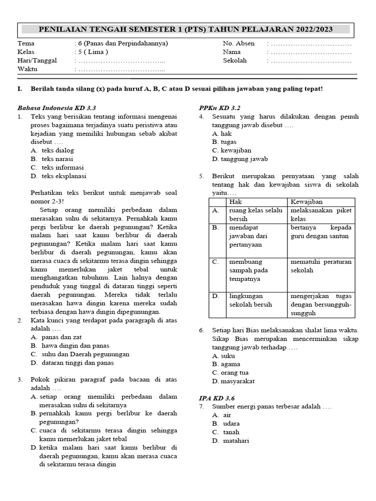 Soal Pts Tema 6 SD Kelas 5 Semester 2 | PDF