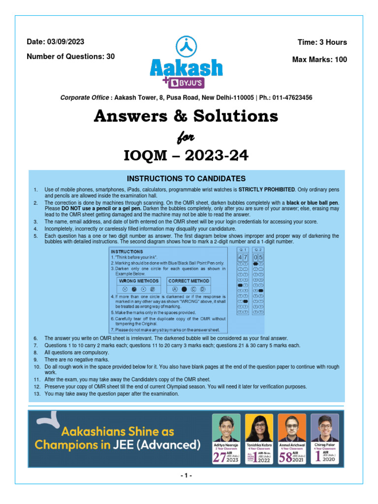 IOQM 2023-24 Exam Instructions & Solutions | PDF | Triangle | Elementary Mathematics
