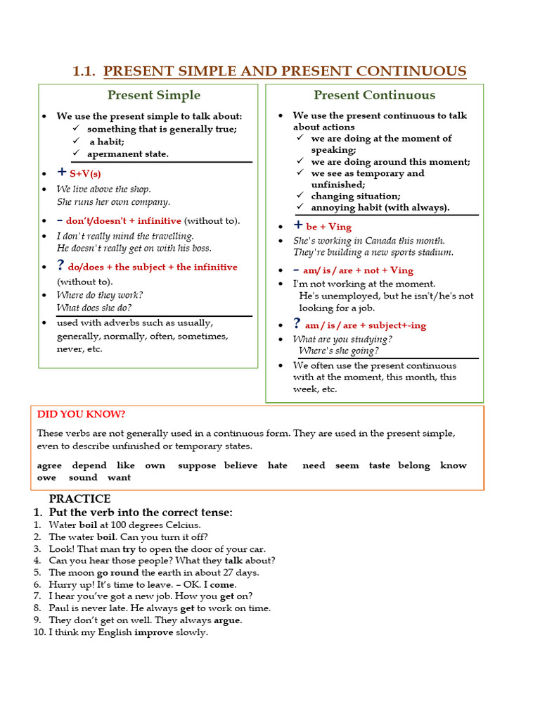 Present Simple Vs Present Continuous | PDF | Linguistics