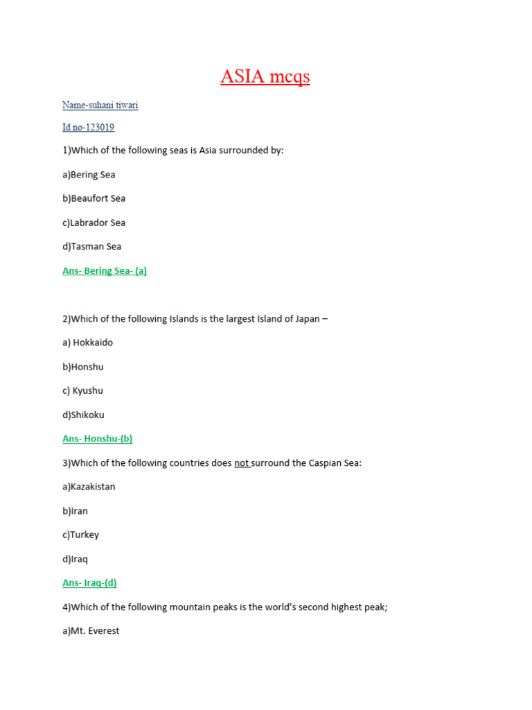 ASIA Mcqs-Suhani Tiwari | PDF
