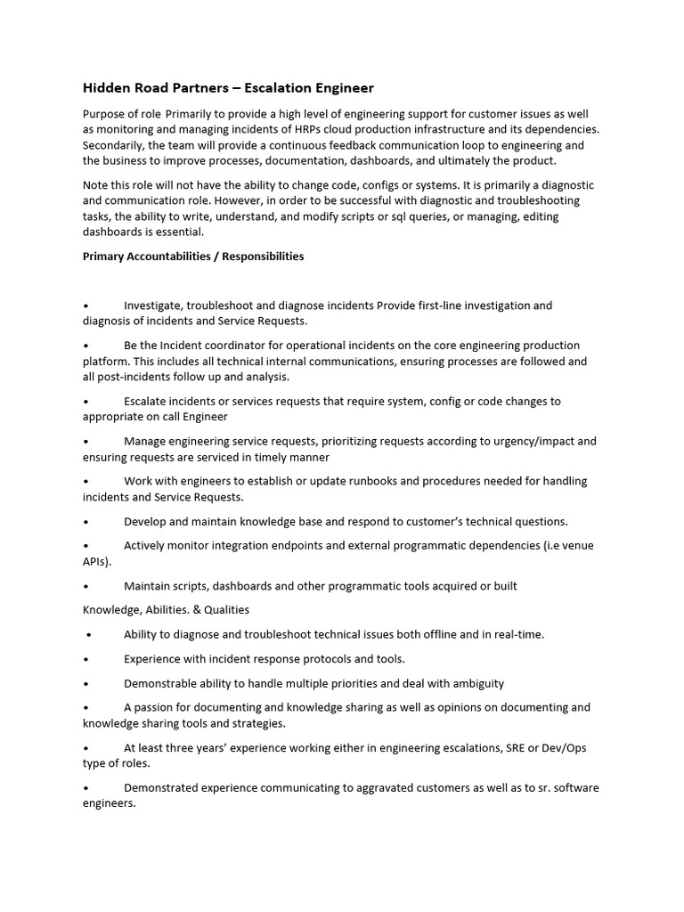 Hidden Road Parnters - Escalation Engineer | PDF | Communication ...