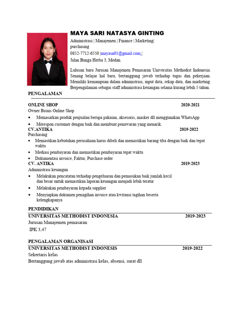 CV - Maya Sari Natasya | PDF | Karier & Perkembangan