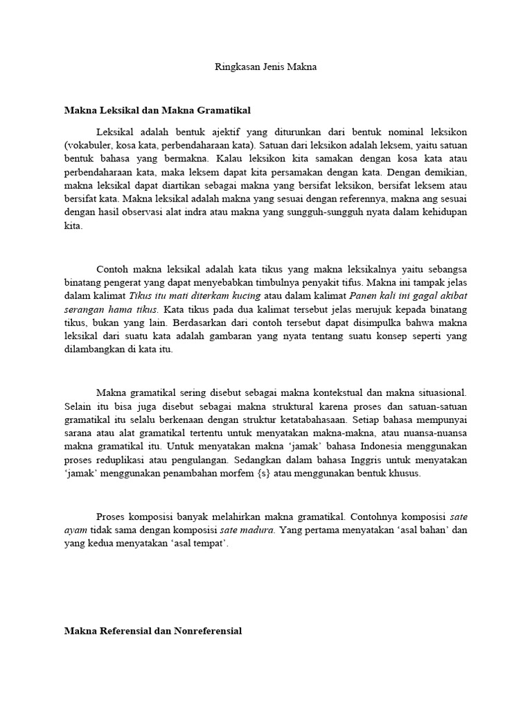 Ringkasan Jenis Makna | PDF | Seni & Disiplin Bahasa | Kajian Bahasa Asing