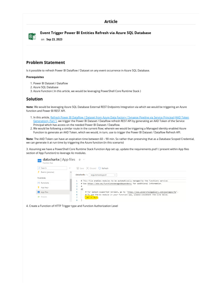 Event Trigger Power BI Entities With Azure SQL Database | PDF | Databases | Sql
