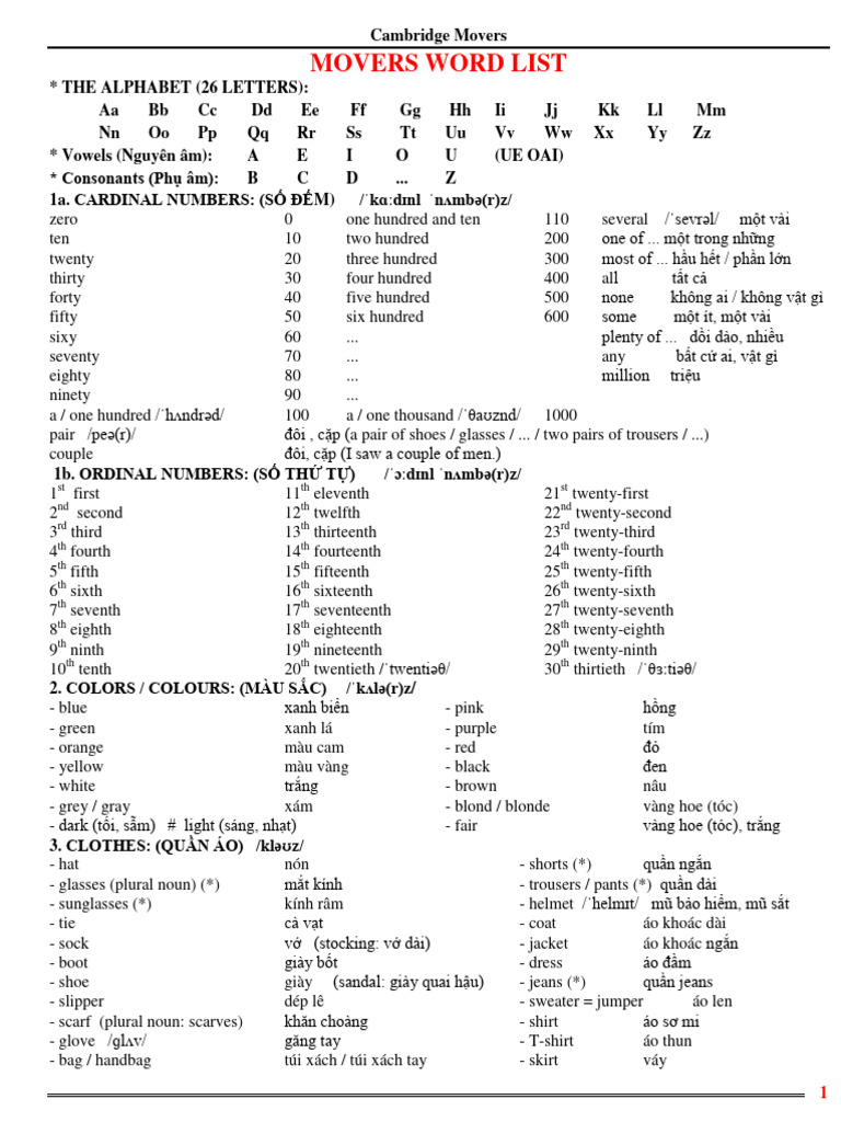Cambridge Movers Word List | PDF