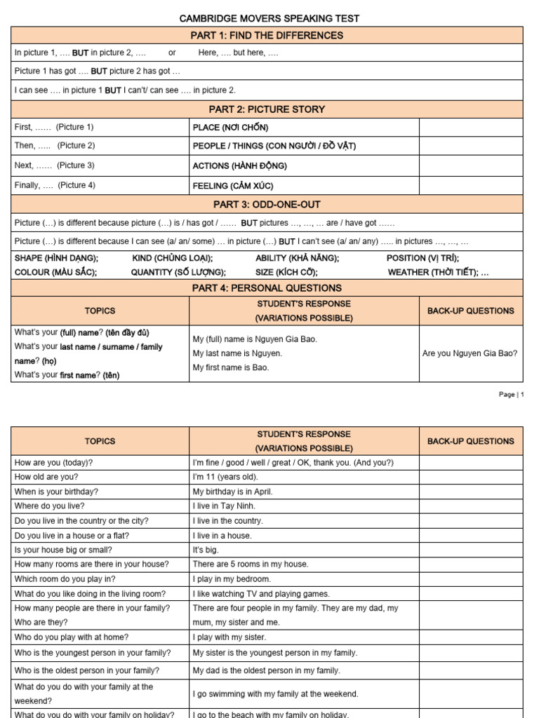 Cambridge Movers Speaking Test | Download Free PDF | Lunch | Classroom