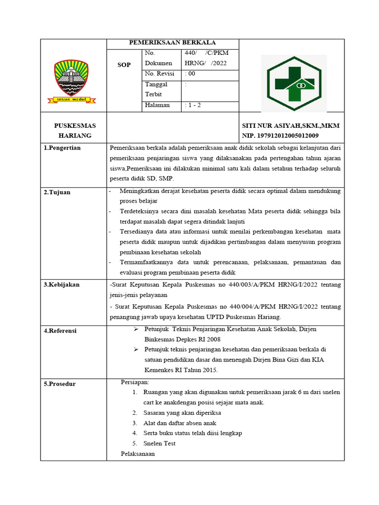 SOP Program Indera Di Puskesmas | PDF