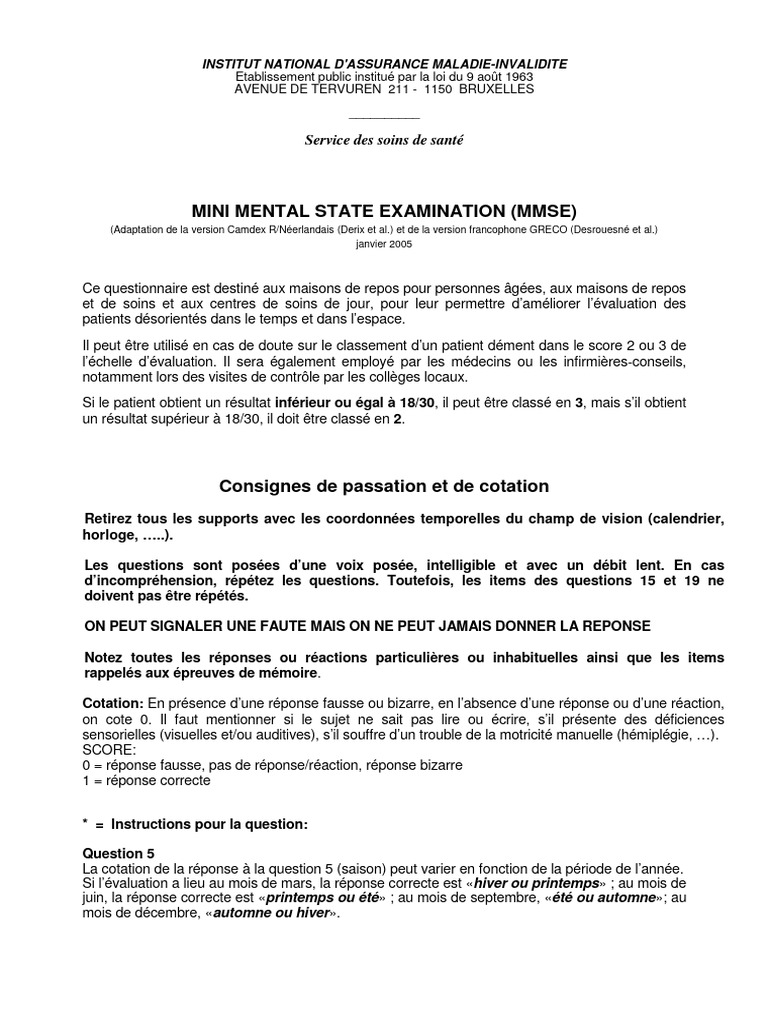 Évaluation MMSE : Guide et Cotation | PDF | Linguistique