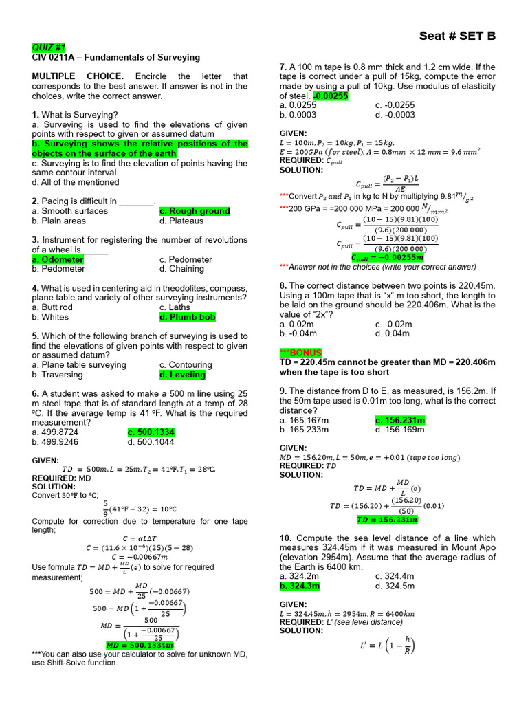 Quiz #1 Setb | PDF | Surveying | Metrology