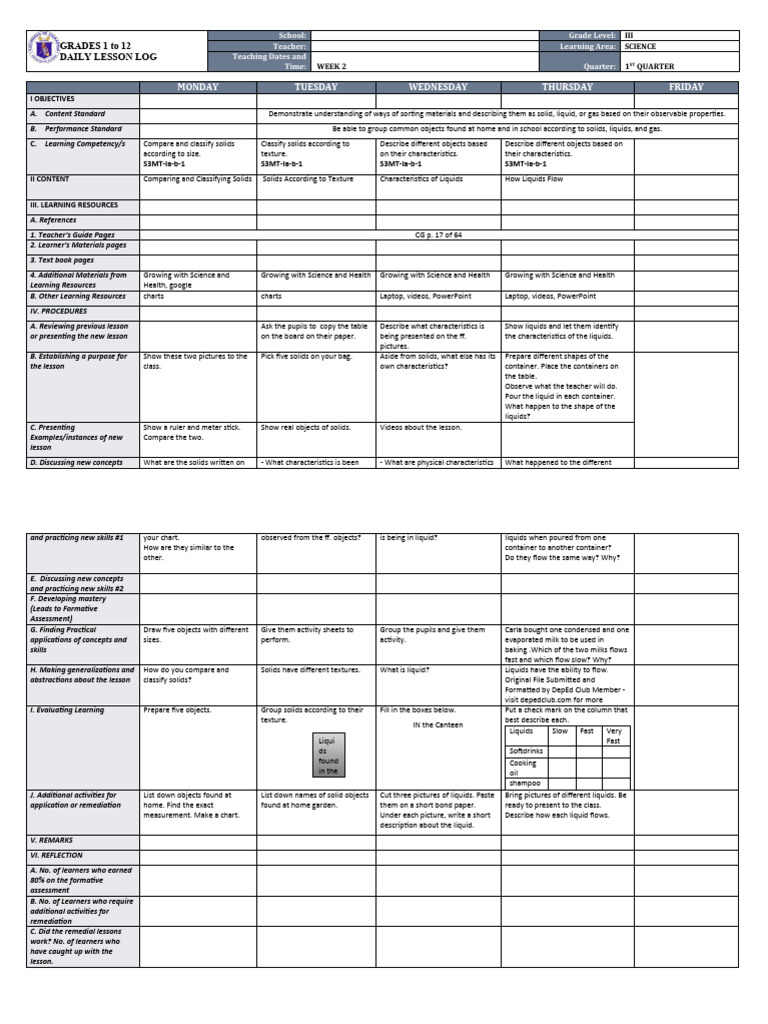DLL - Science 3 - Q1 - W2 | PDF | Liquids | Learning