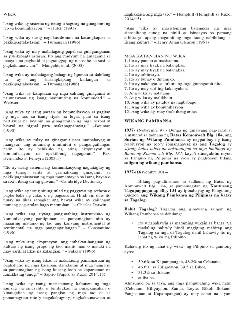 Depinisyon at Katangian NG WIka Wikang Pambasa Opisyal at Panturo | PDF