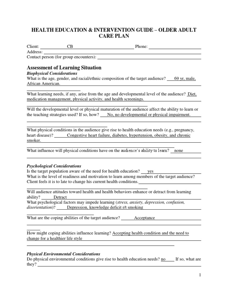 CH Care Plan For Older Adult - Health Education Assessment ...