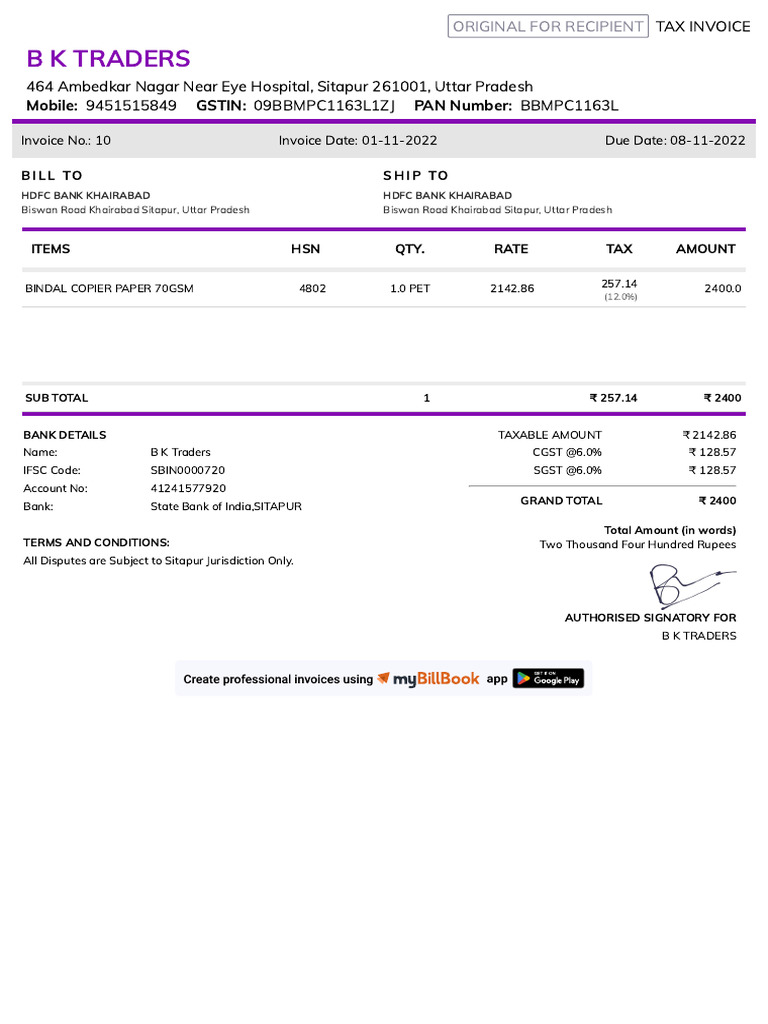 10-Sales - invoice-HDFC BANK KHAIRABAD-1 | PDF