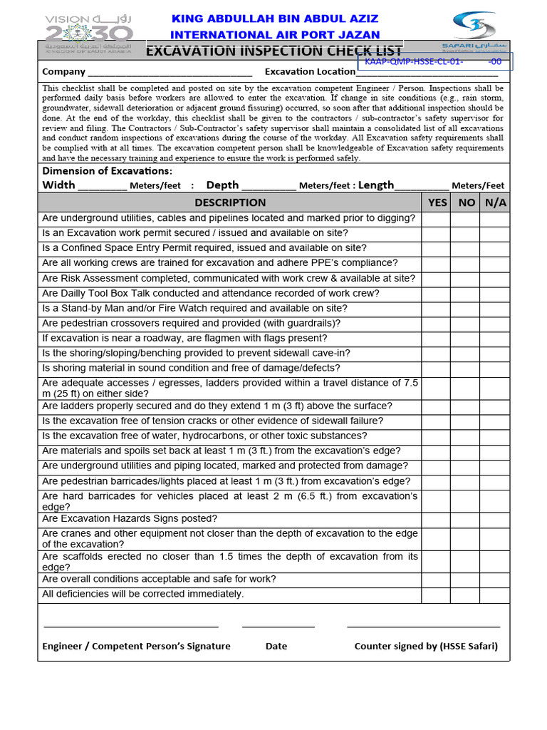 Excavation Inspection Check List | PDF | Safety