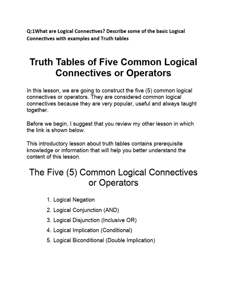 Truth Table of Five Common Logical Operators or Connectives | PDF ...