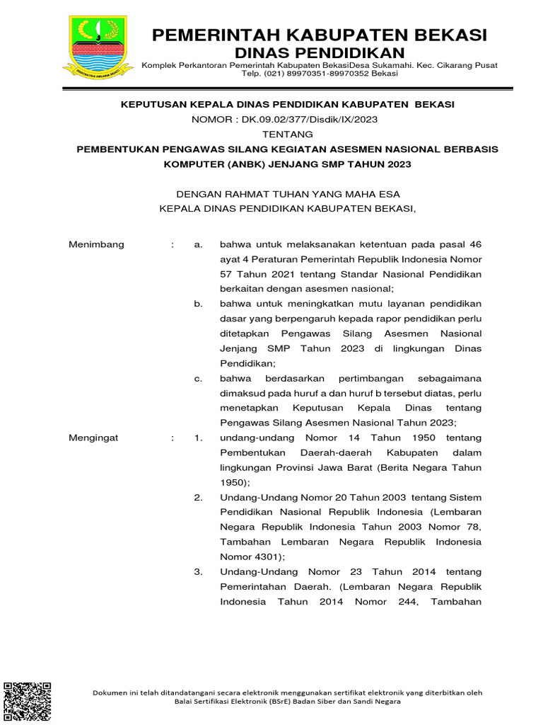 Surat Keputusan Pembentukan Pengawas Silang ANBK SMP Tahun 2023 | PDF Surat Keputusan Pembentukan Pengawas Silang ANBK SMP Tahun 2023 | PDF