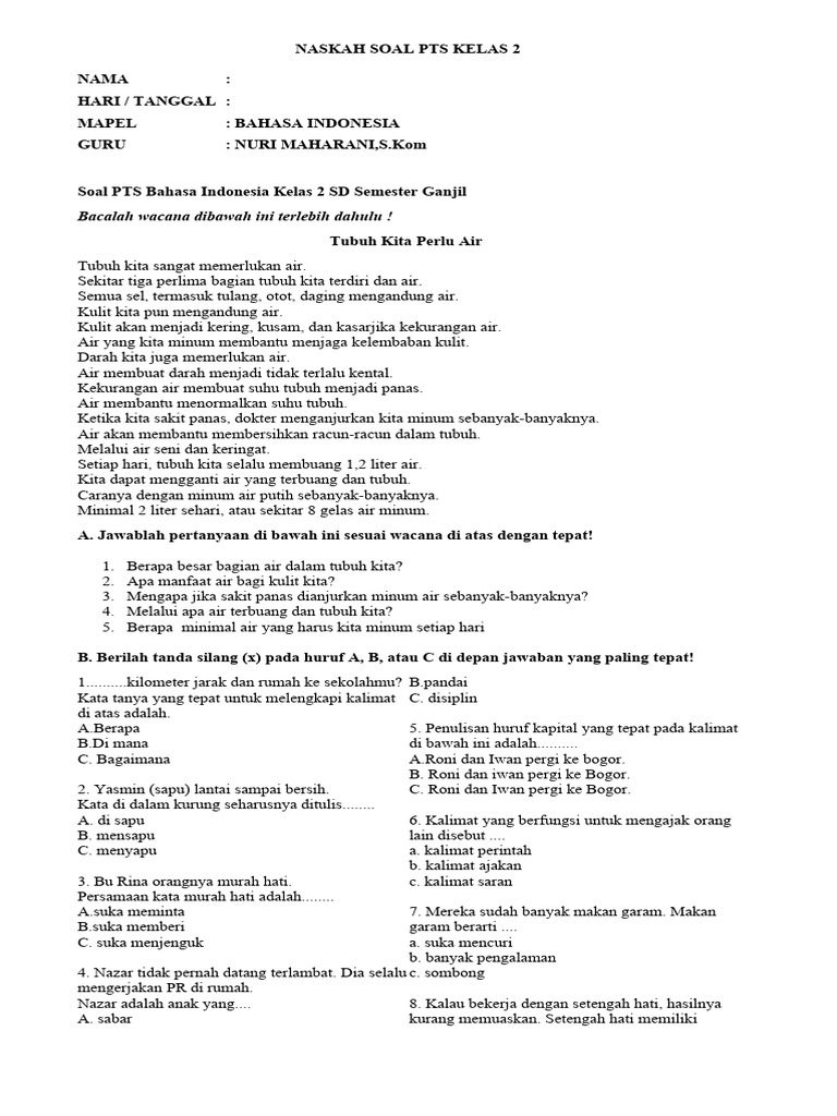 Naskah Soal PTS Kelas 2 B. Indonesia | PDF