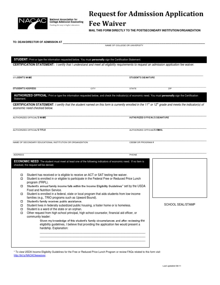 Admission Application Fee Waiver Request | PDF | University And College ...