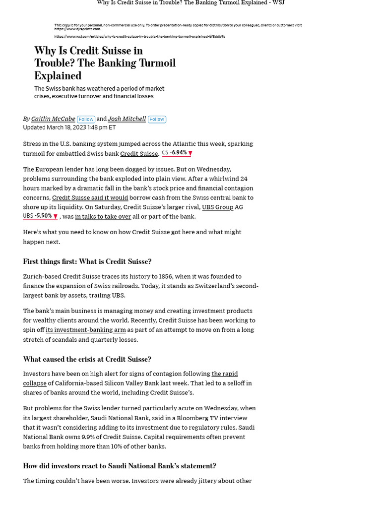 Why Is Credit Suisse in Trouble The Banking Turmoil Explained - WSJ | PDF | Credit Suisse | Banks