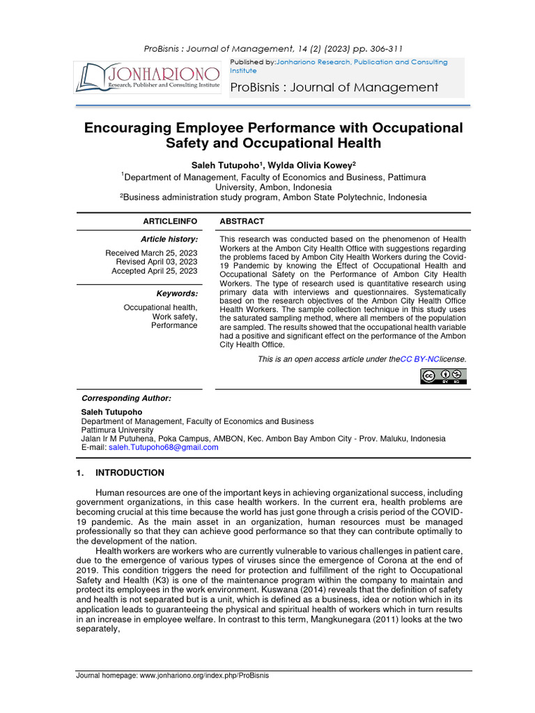 Encouraging Employee Performance With Occupational Safety and ...