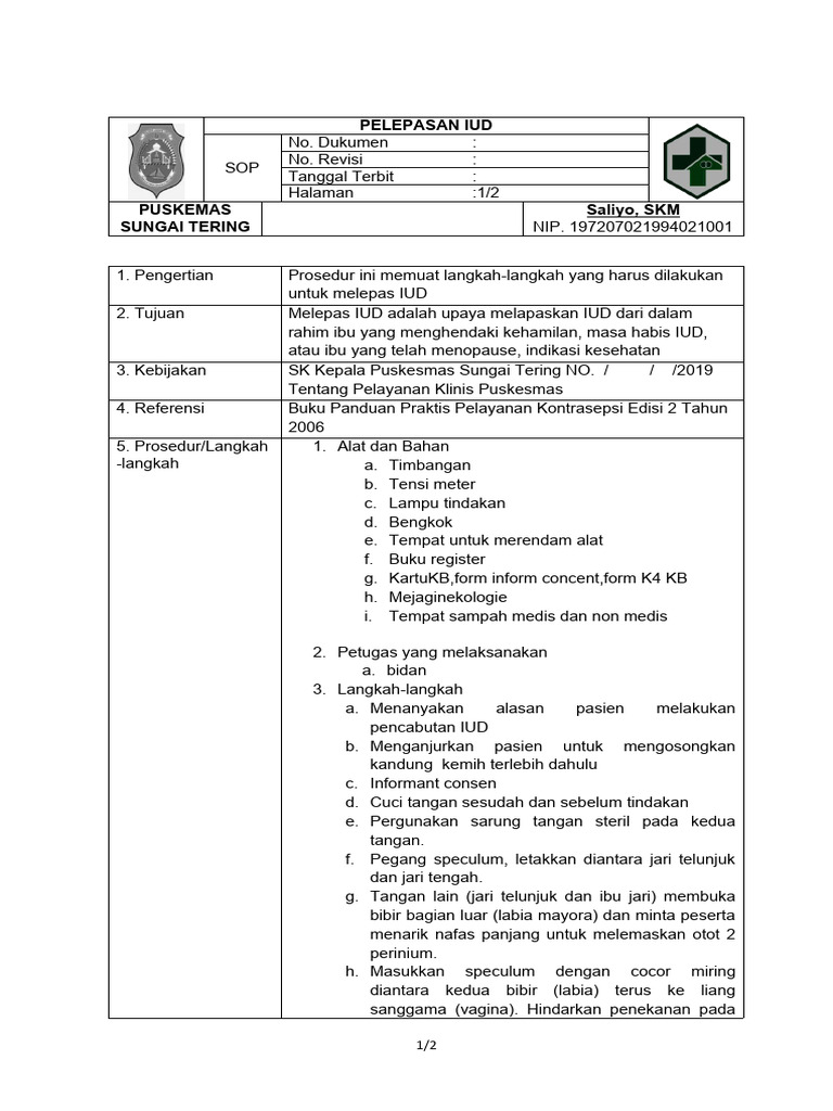 SOP PELEPASAN IUD (Sudah) | PDF