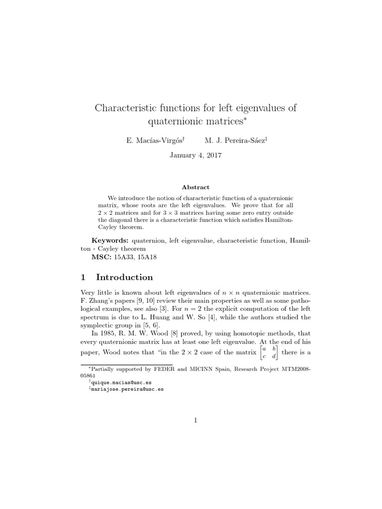 Characteristic Functions For Left Eigenvalues Of Quaternionic Matrices Pdf