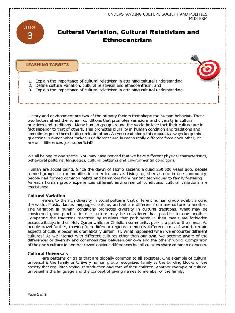 Cultural Variation, Cultural Relativism and Ethnocentrism | PDF | Relativism | Society