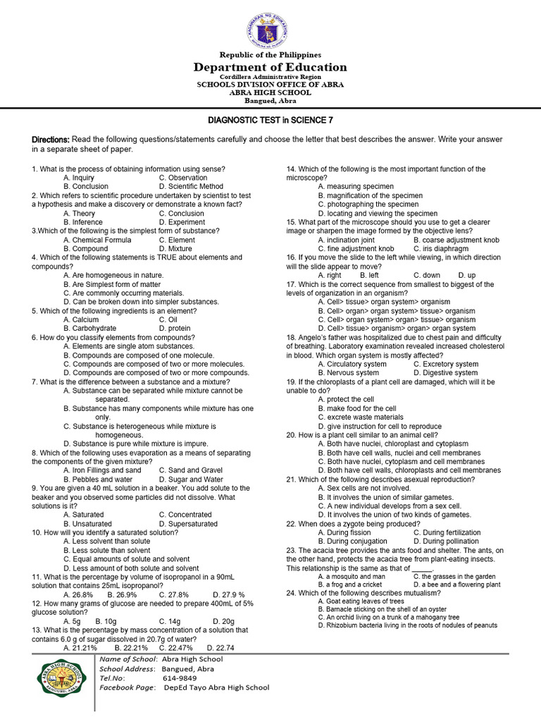 Diagnostic Test in Science 7 | PDF | Sound | Waves