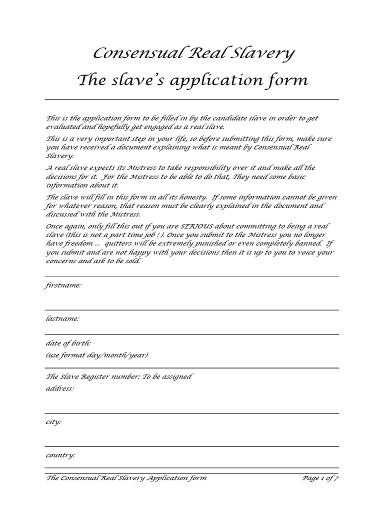 Slave Form | PDF | Slavery | Consent Slave Form | PDF | Slavery | Consent