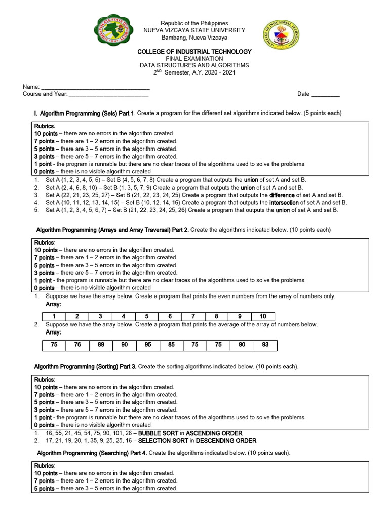 Final Exam Data Structures and Algorithms | PDF | Algorithms | Computer ...