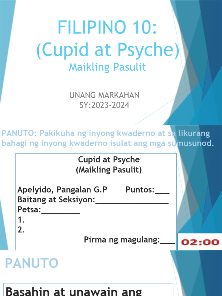 FILIPINO 10 Cupid at Psyche Quiz Unang Markahan SY2023-2024 | PDF