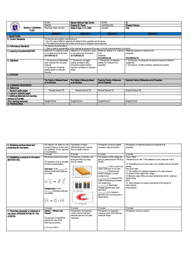 Physical Science DLP Q1W2 | PDF