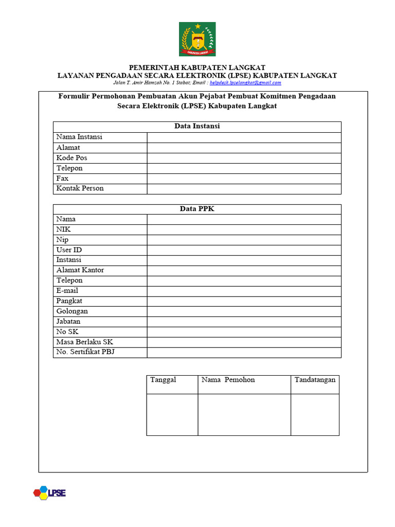Form Permohonan Pembuatan Akun PPK LPSE | PDF