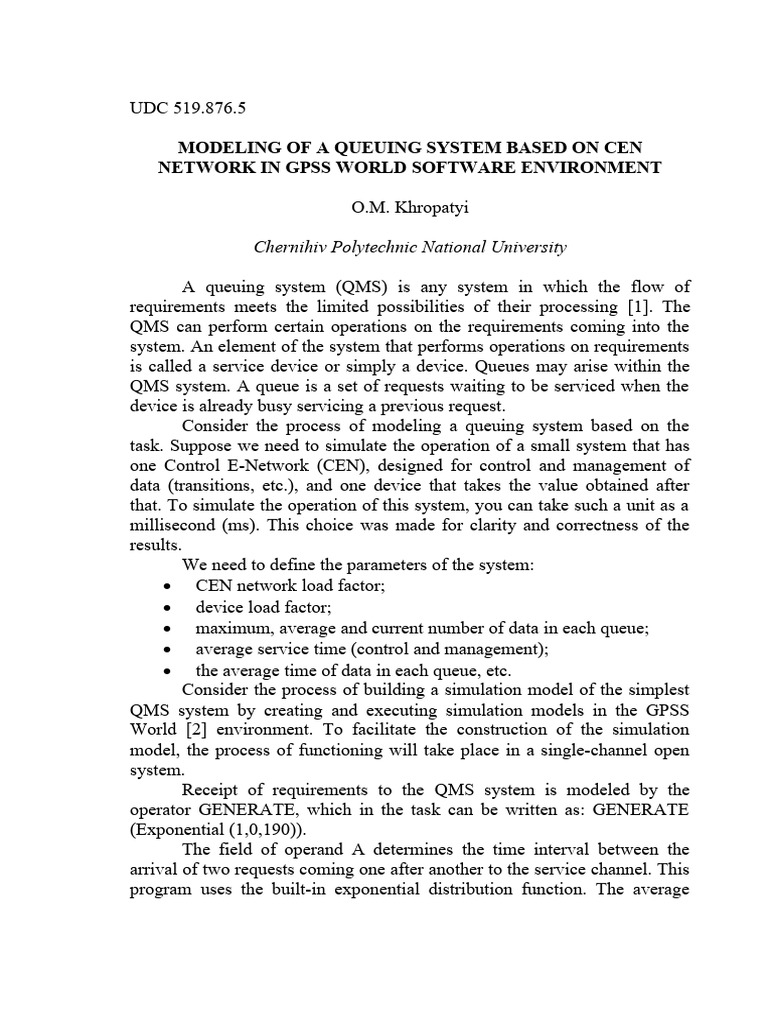 Modeling Of A Queuing System Based On Cen Network In Gpss World Software Environment Pdf