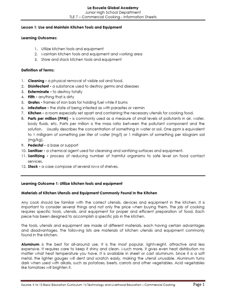 TLE 7 Worktext Commercial Cooking | PDF | Disinfectant | Kitchen Utensil