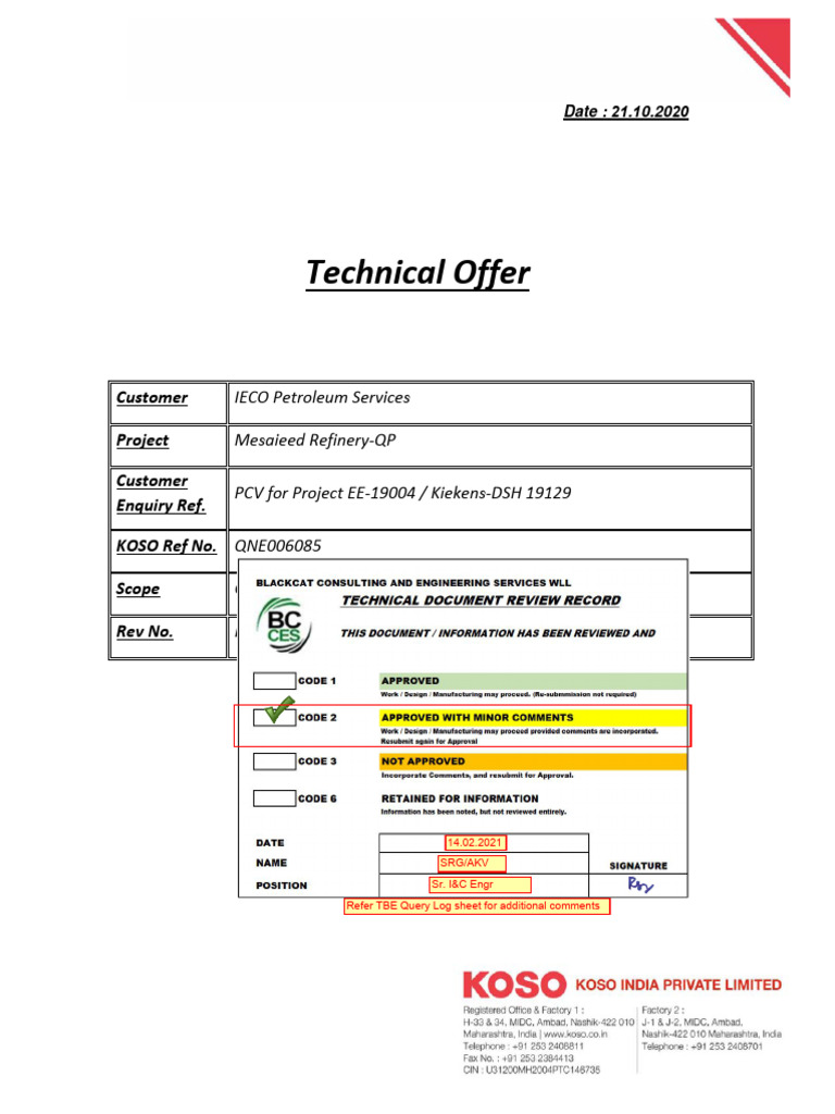 1B. Vendor Offer KOSO-CV - Code2 | PDF | Valve | Chemical Engineering