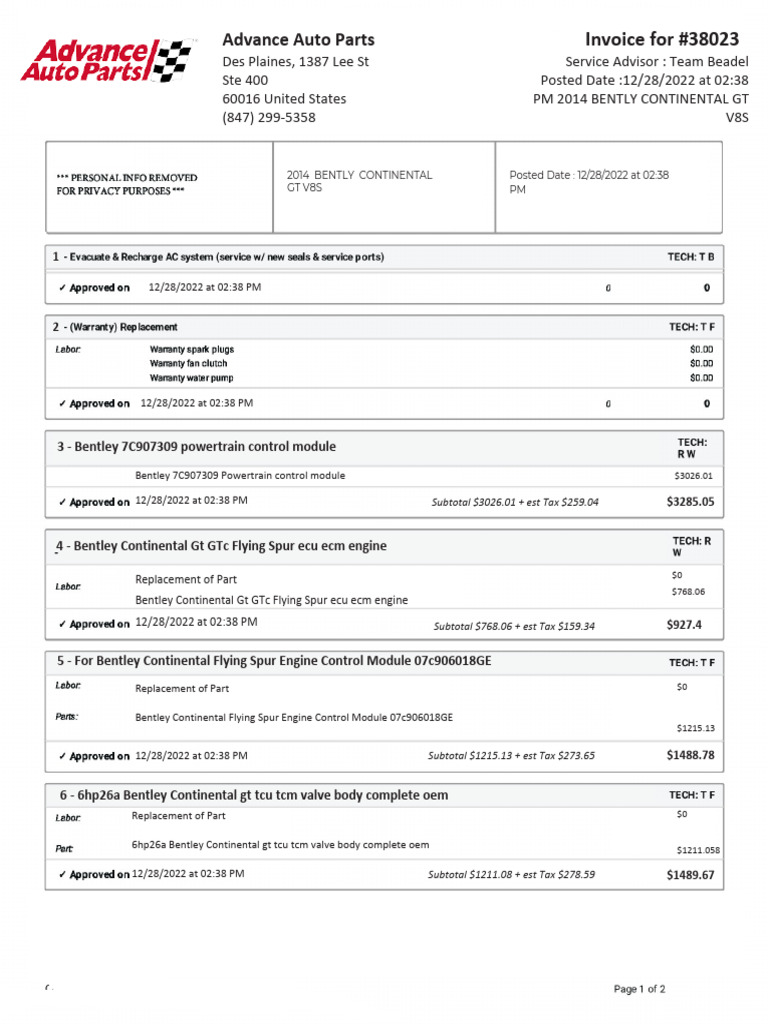 Advance Auto Parts Invoice #38023 | PDF | Volkswagen Group | Land Vehicles