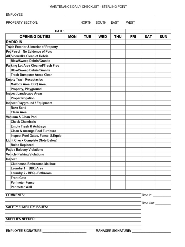 Maintenance Daily Checklist Excel Format Download | PDF