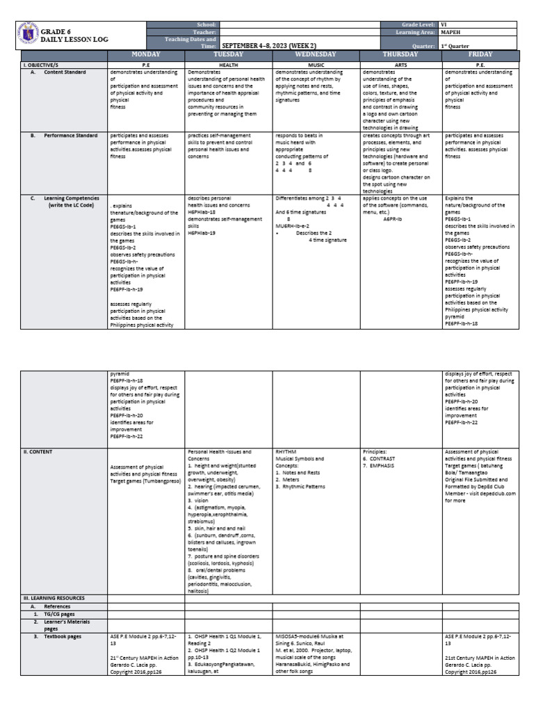 Dll Mapeh 6 Q1 W2 Pdf Rhythm Learning