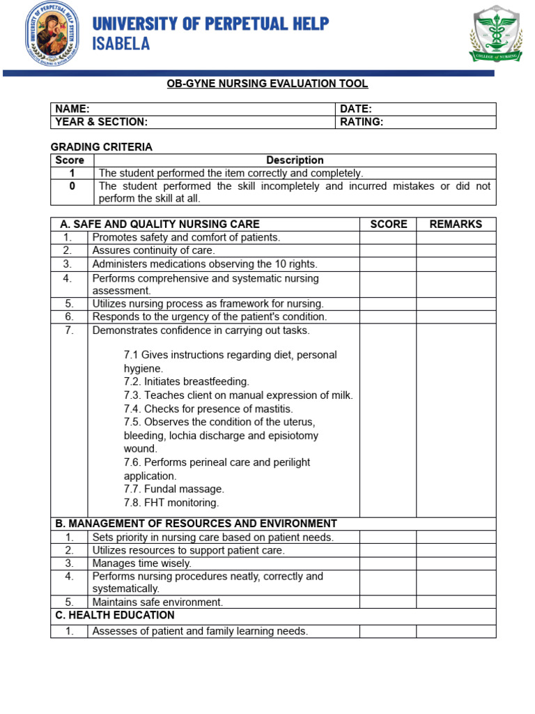 OB-GYNE Nursing Evaluation Tool | PDF | Nursing | Patient