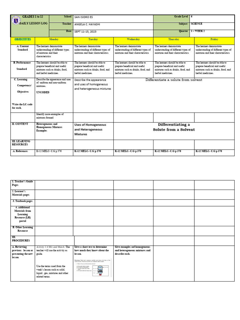 Grade 6 Science Lesson Plan: Mixtures | PDF