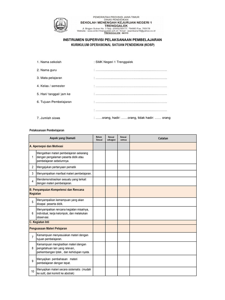 Contoh Instrumen Supervisi Pelaksanaan Pembelajaran 2023-2024 | PDF ...