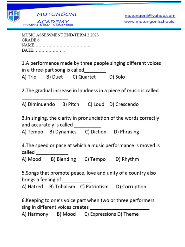Grade 6 Music Assessment Questions | PDF