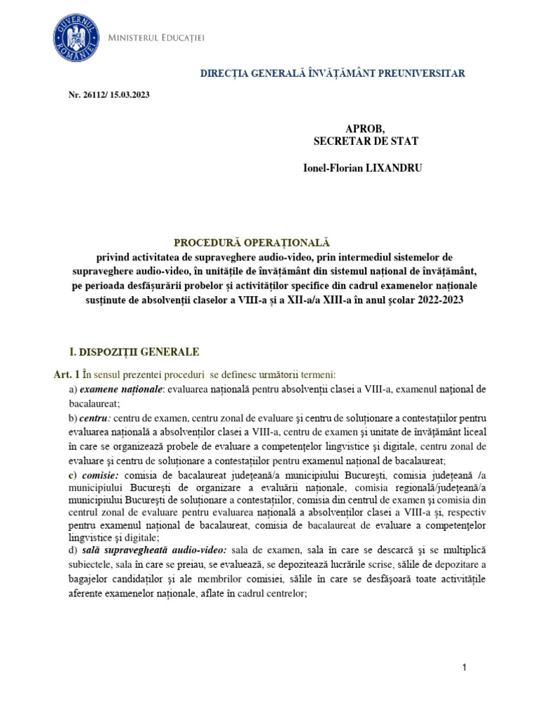 Procedura Operationala Supraveghere Audio-Video 2023 | PDF